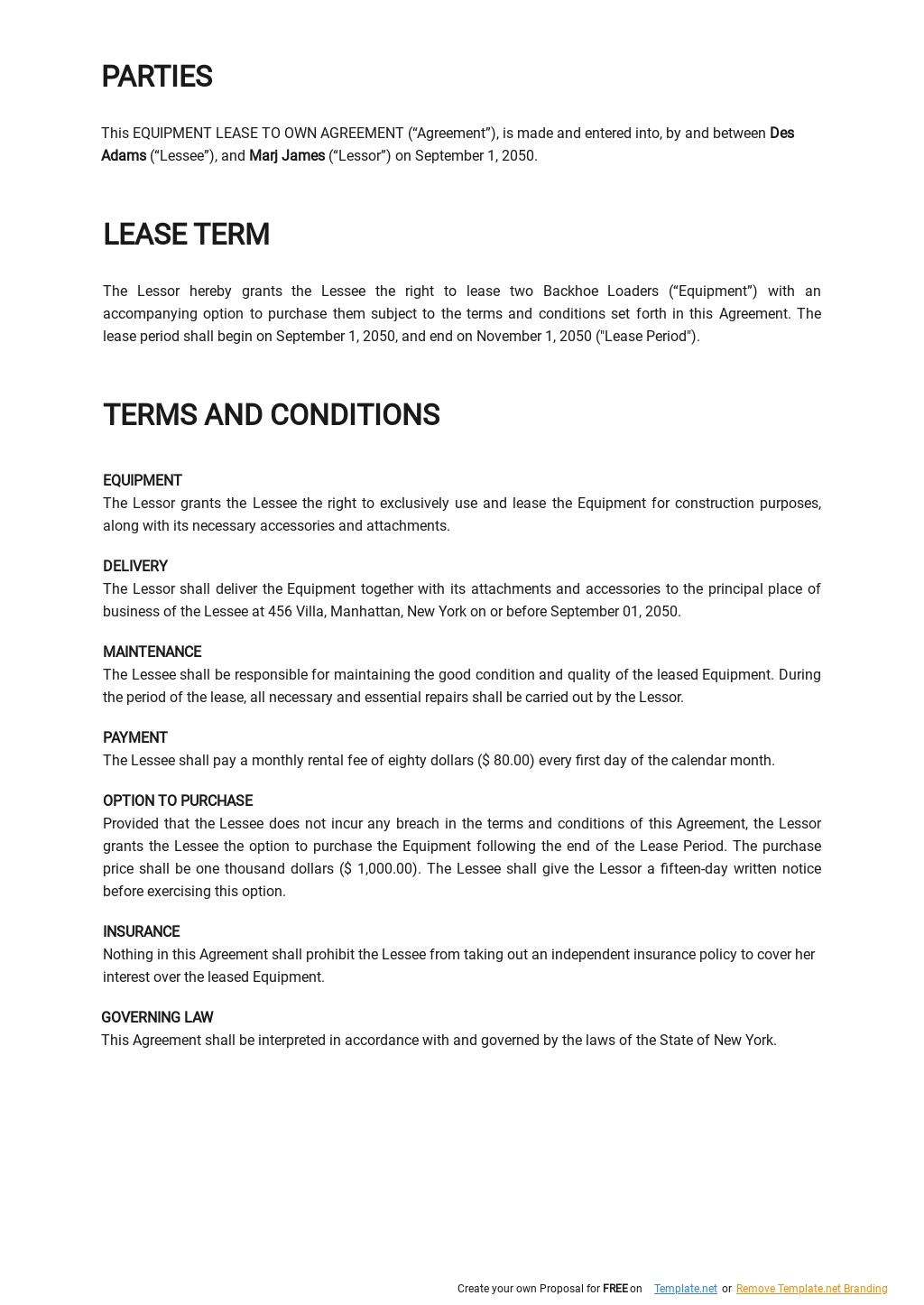 Equipment Lease To Own Agreement Template Free PDF Template