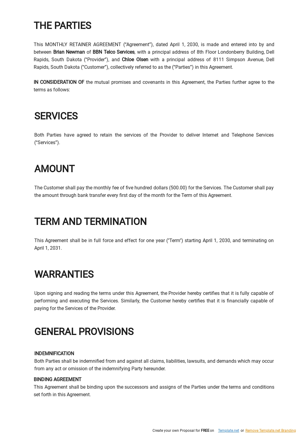 Free Monthly Retainer Agreement Template Google Docs Word Apple 