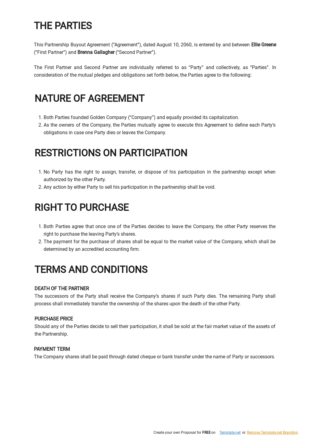 Partnership Buyout Agreement Template In Google Docs Word Template