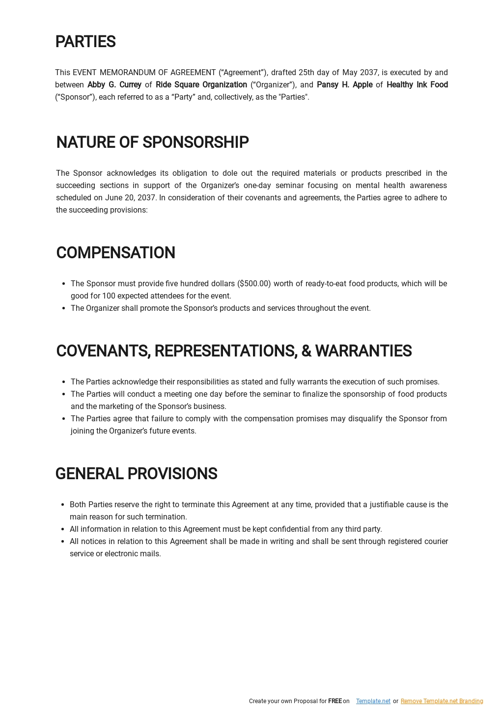 Free Event Memorandum of Agreement Template - Google Docs, Word, Apple ...