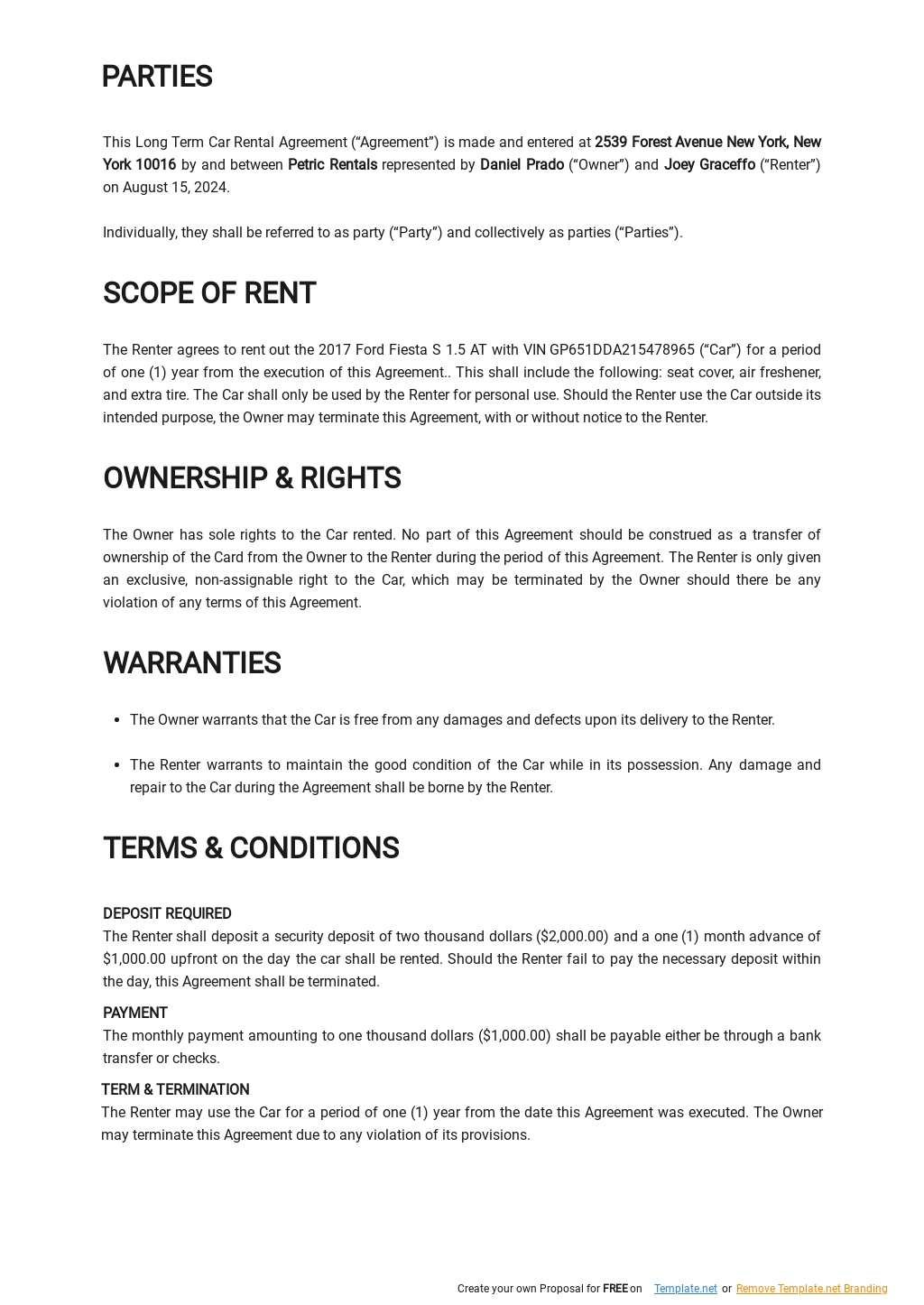 Long Term Car Rental Agreement Template In Google Docs Word Template