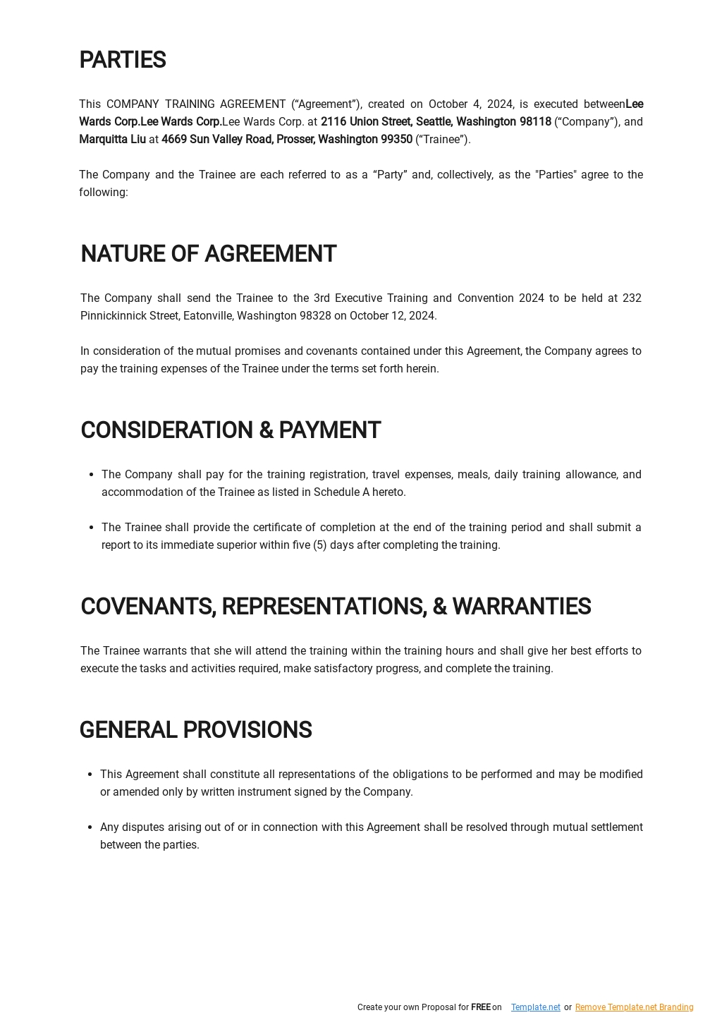 Company Training Agreement Template in Google Docs, Word | Template.net