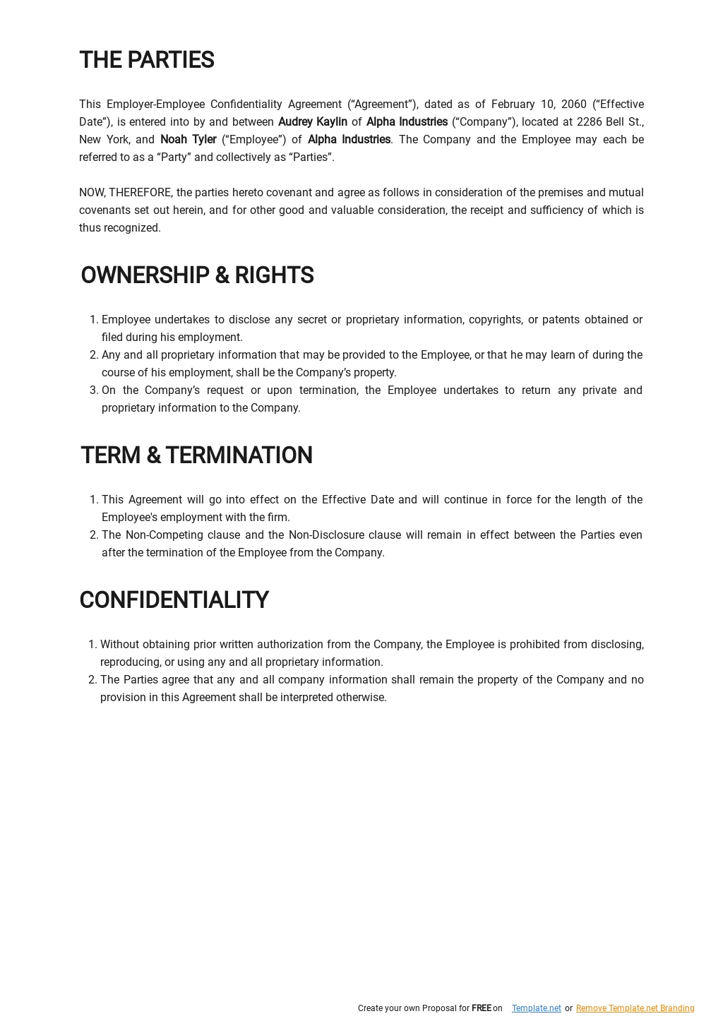 Employer Employee Confidentiality Agreement Template [Free PDF ...