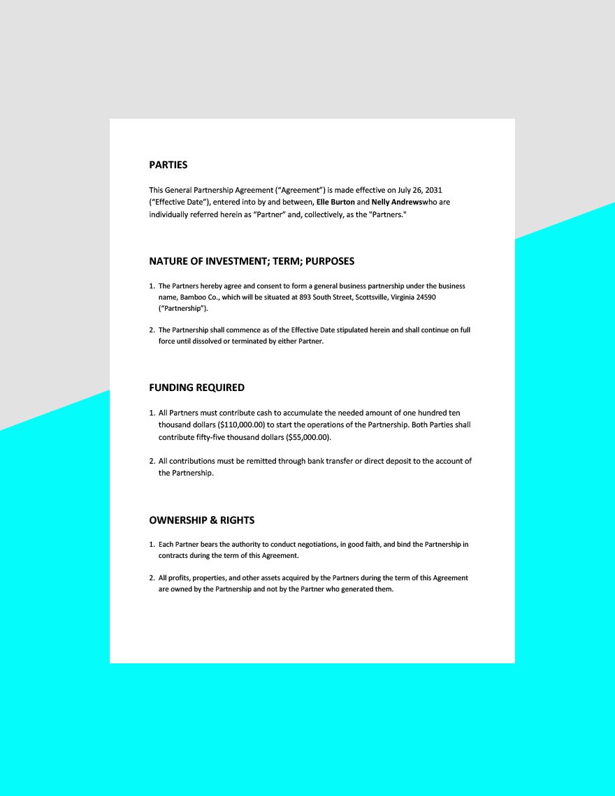 Basic General Partnership Agreement Template in PDF, Word, Google Docs ...