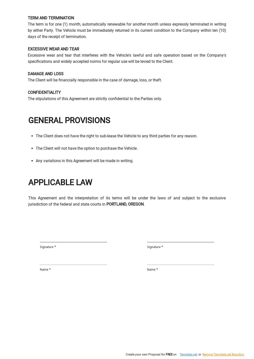 Free Generic Vehicle Lease Agreement Template Google Docs Word 
