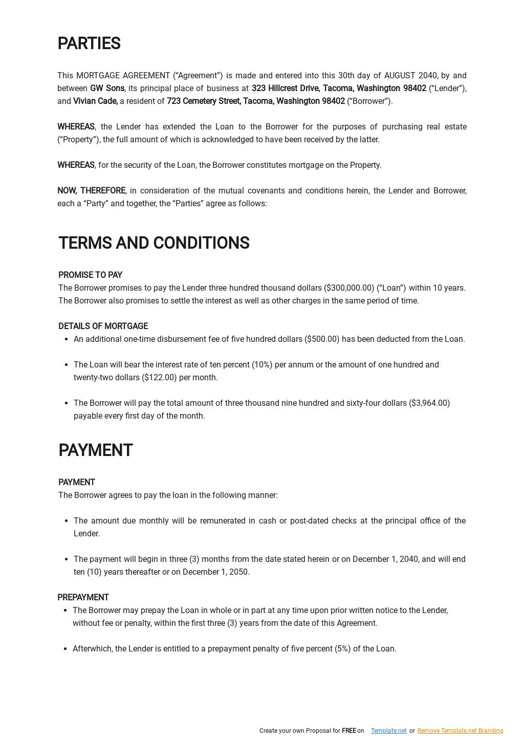 Free Simple Mortgage Agreement Template - Google Docs, Word | Template.net
