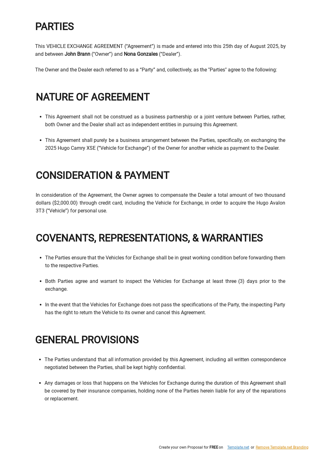 Vehicle Exchange Agreement Template in Google Docs, Word | Template.net