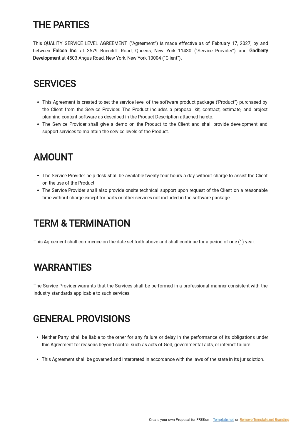 Quality Service Level Agreement Template - Google Docs, Word, Apple ...