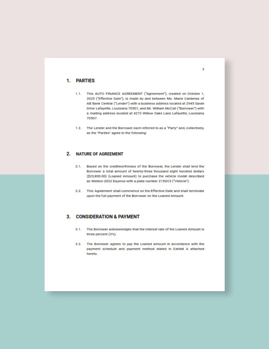 Auto Finance Agreement Template - Google Docs, Word, Apple Pages, PDF ...
