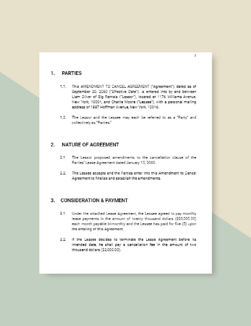 Amendment to Cancel Agreement Template - Google Docs, Word, PDF ...