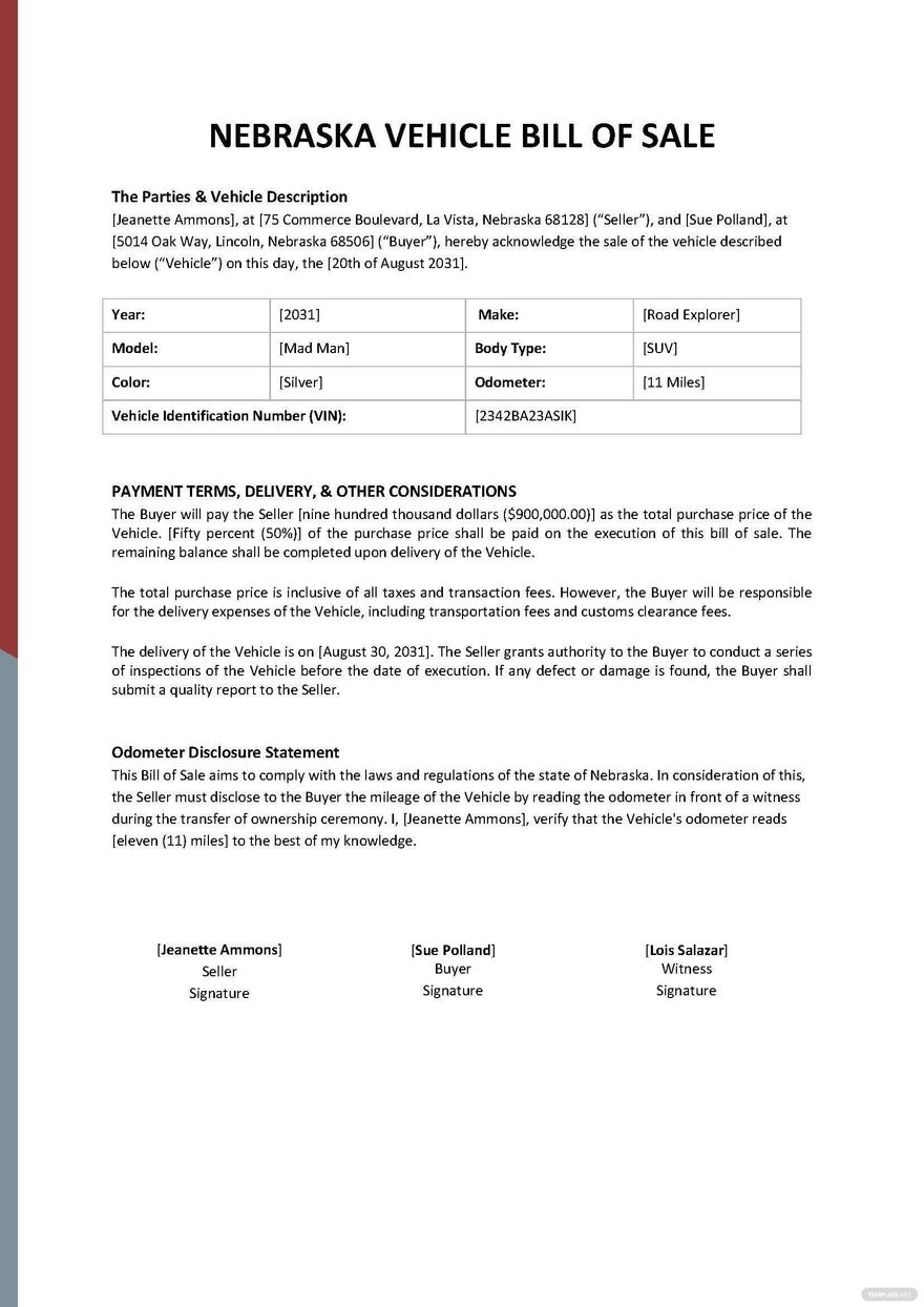 Free Nebraska Vehicle Bill Of Sale Template Word Google Docs PDF Template