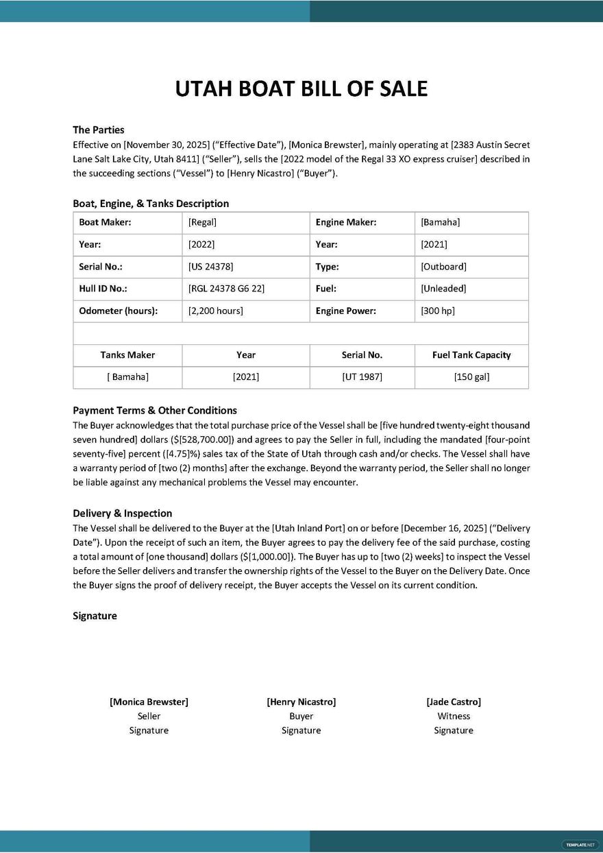 Utah Vehicle Bill Of Sale Template Google Docs Word PDF Template