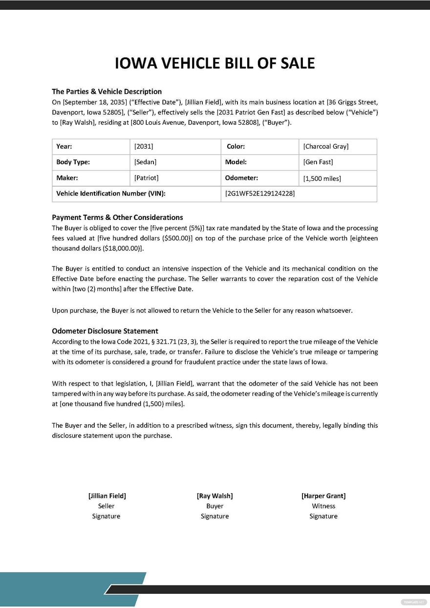 Free Iowa Vehicle Bill Of Sale Template Word Google Docs PDF Template
