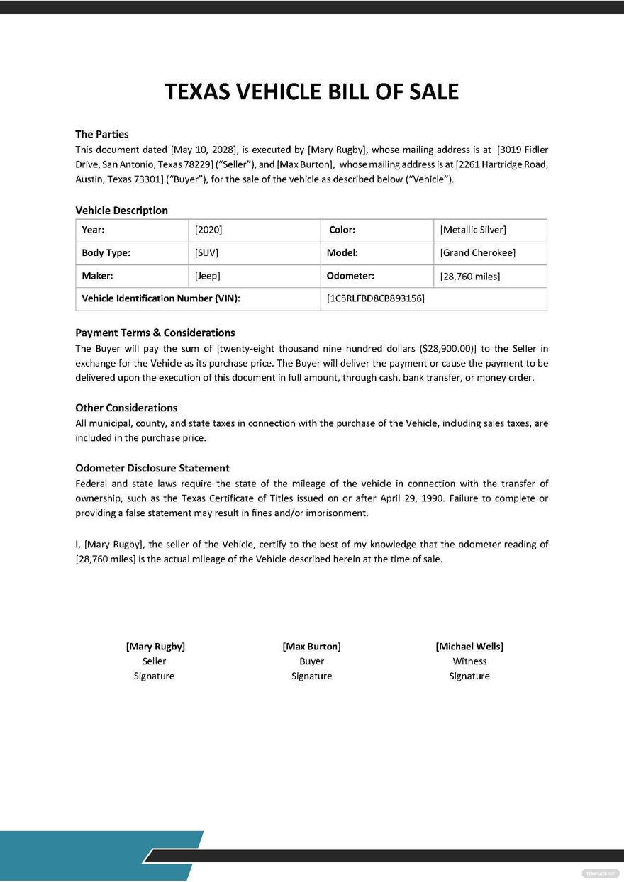 Texas Vehicle Bill Of Sale Template Word Google Docs PDF Template