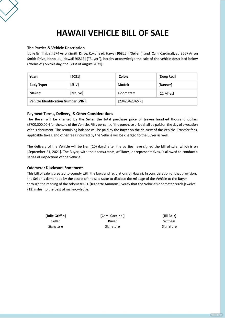 Hawaii Vehicle Bill Of Sale Template Word Google Docs PDF Template