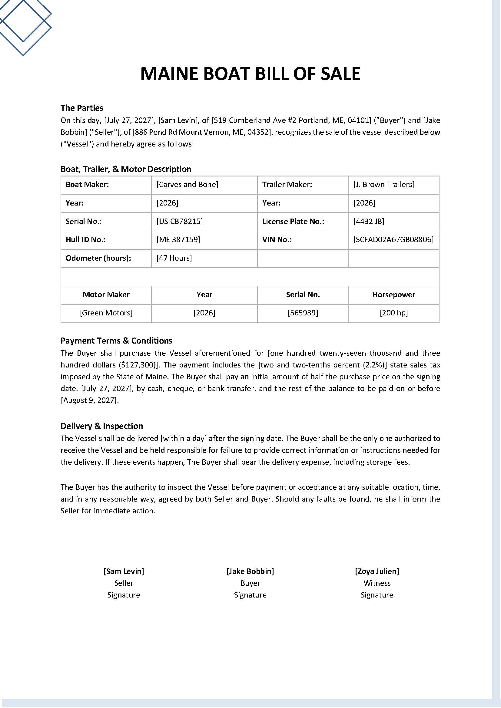 Bill Of Sale Template Maine