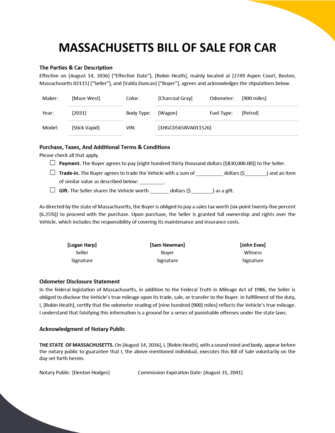 Massachusetts Tractor Bill Of Sale Template Google Docs Word PDF