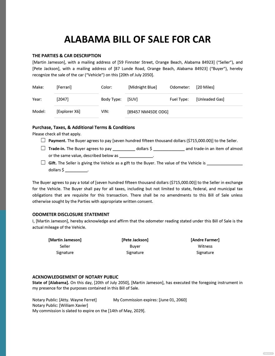 Alabama Camper Bill Of Sale Template Google Docs Word PDF 