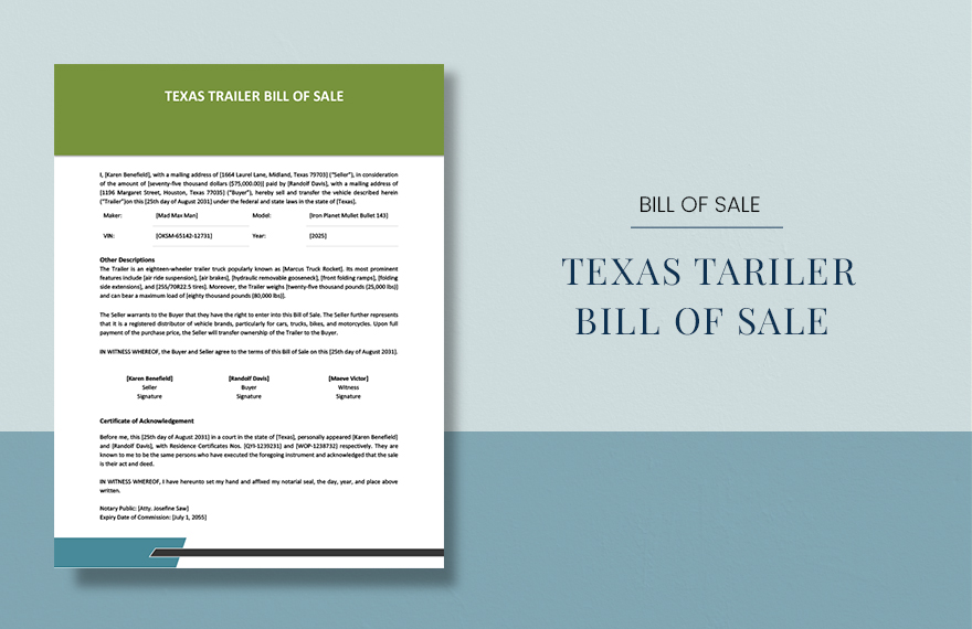 Texas Trailer Bill Of Sale Template Word Google Docs PDF Template