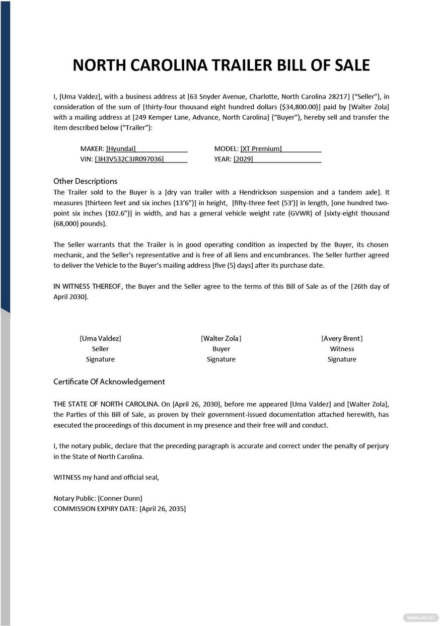 North Carolina Trailer Bill Of Sale Template Google Docs Word PDF 