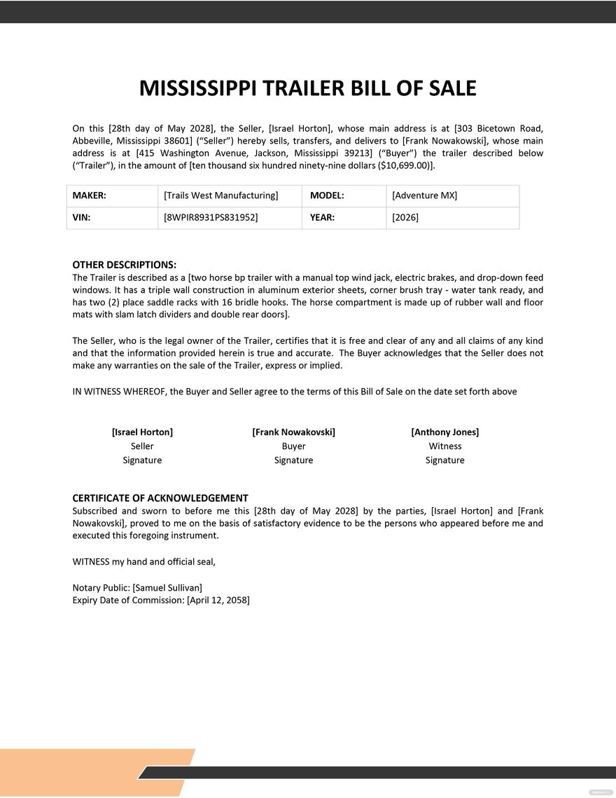 Mississippi Trailer Bill Of Sale Template Google Docs Word PDF Template