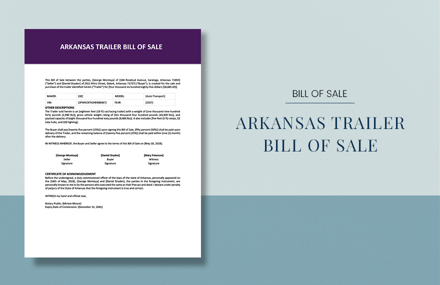 Arkansas Trailer Bill Of Sale Template Download In Word Google Docs 
