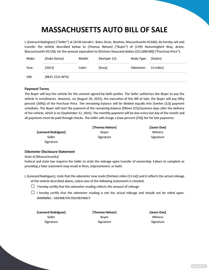 Free Massachusetts Auto Bill Of Sale Form Template Download In Word 