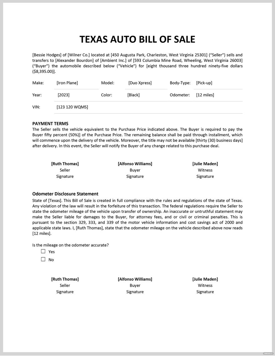 Texas Mobile Home Bill Of Sale Template Google Docs Word PDF 