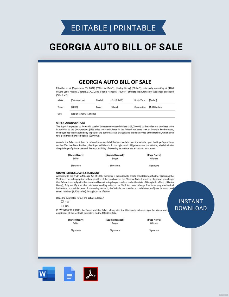 Georgia Vehicle Bill Of Sale Template Google Docs Word PDF 