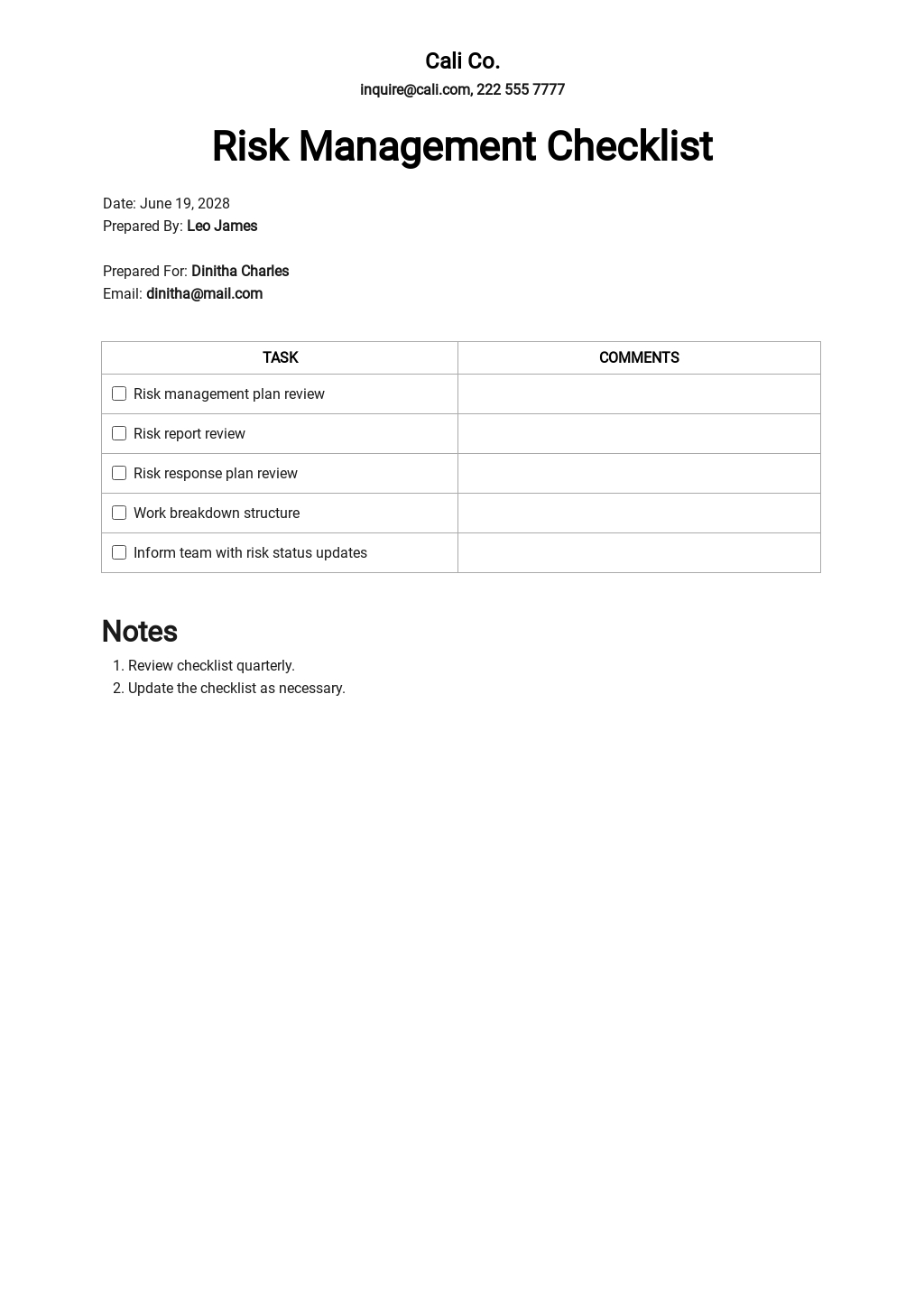 Risk Management Process Checklist Risk Assessment Checklist