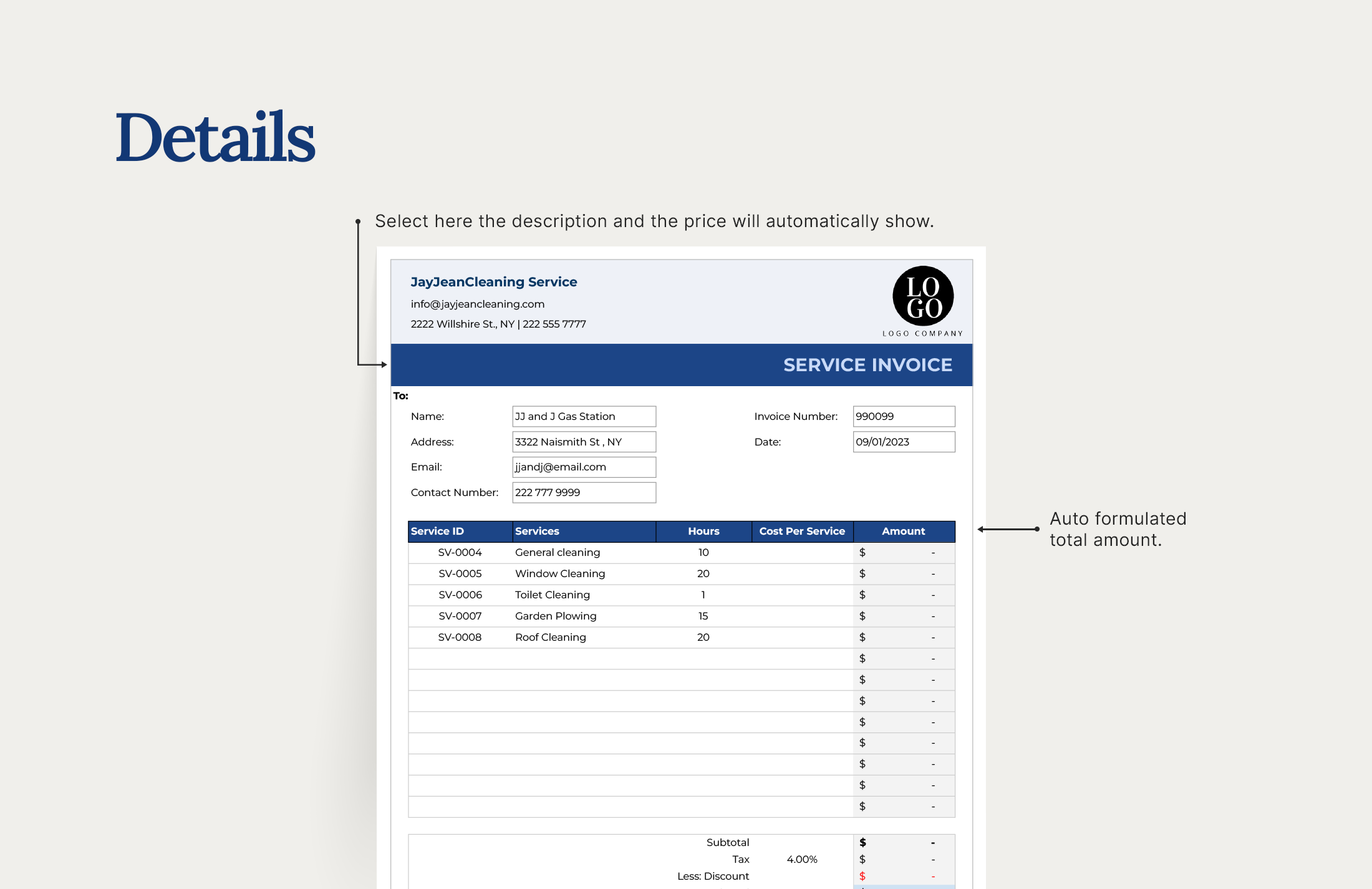 Service Invoice Template - Download in Word, Google Docs, Excel, Google ...
