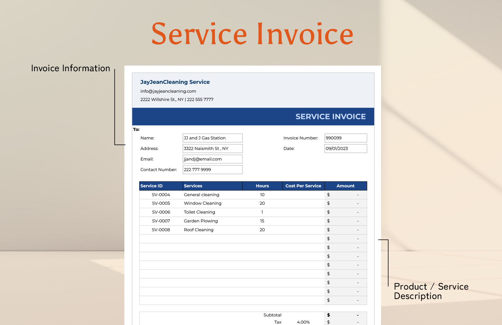 Service Invoice Template - Download in Word, Google Docs, Excel, Google ...