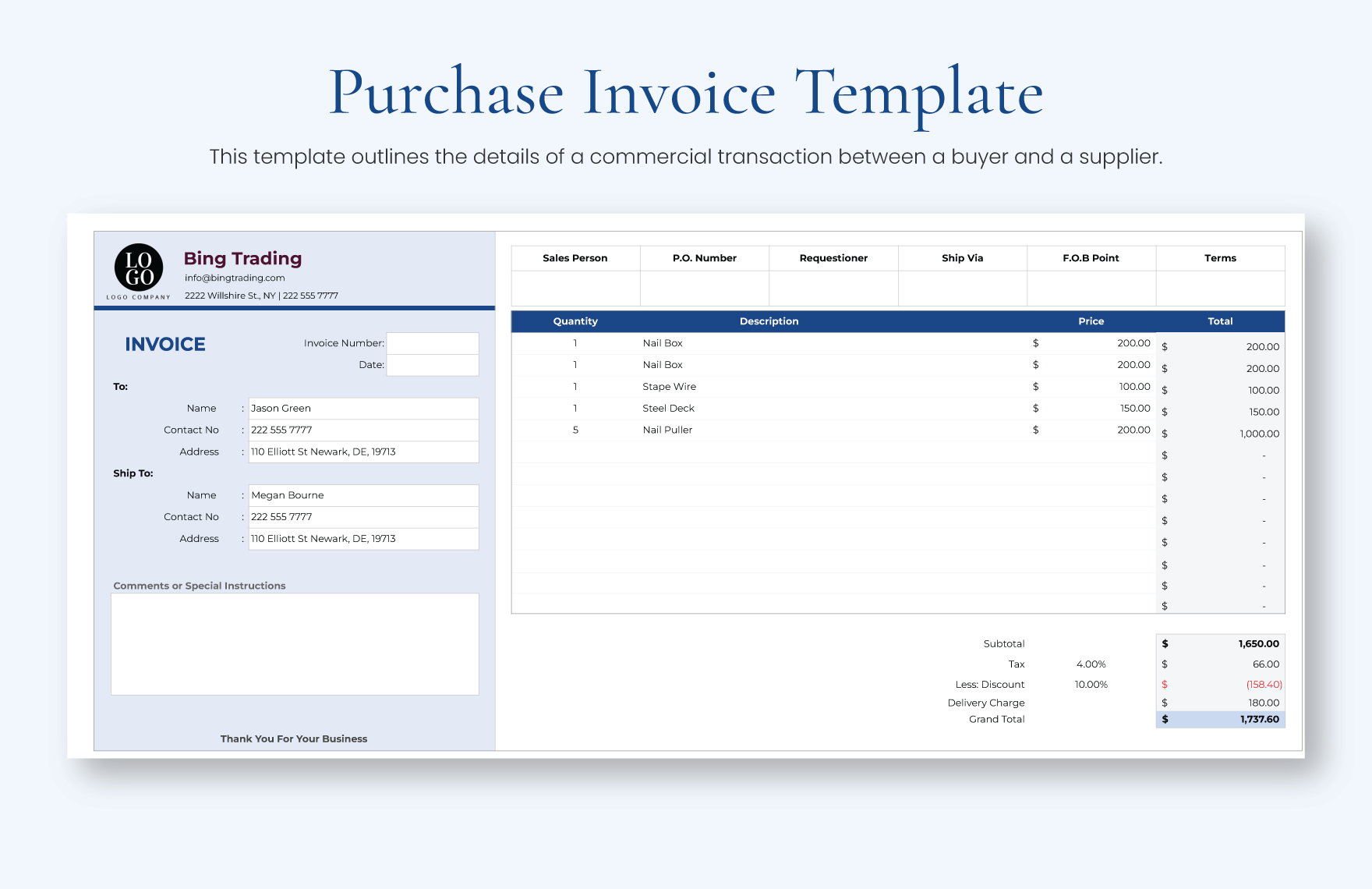 Purchase Invoice Template - Adobe XD, Google Docs, Google Sheets, Word ...