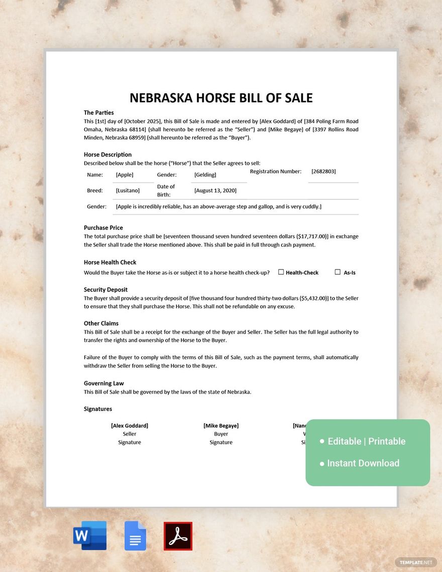 Free Nebraska Horse Bill Of Sale Form Template Download In Word 
