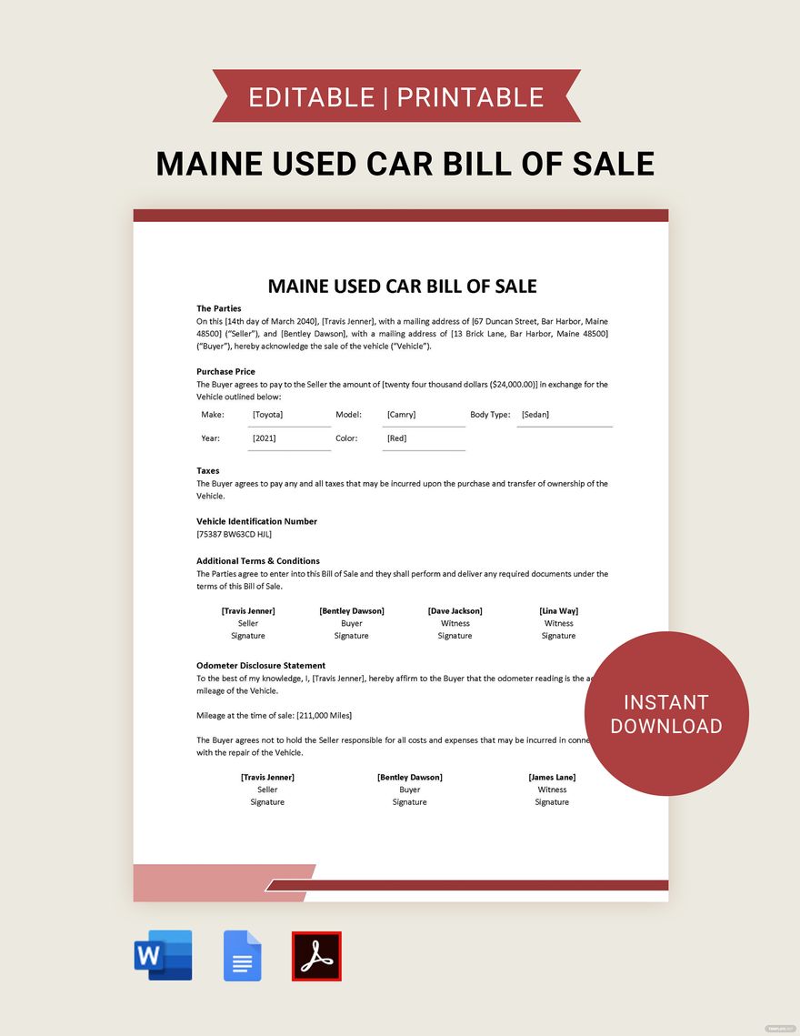 Maine Used Car Bill Of Sale Template Download In Word Google Docs 