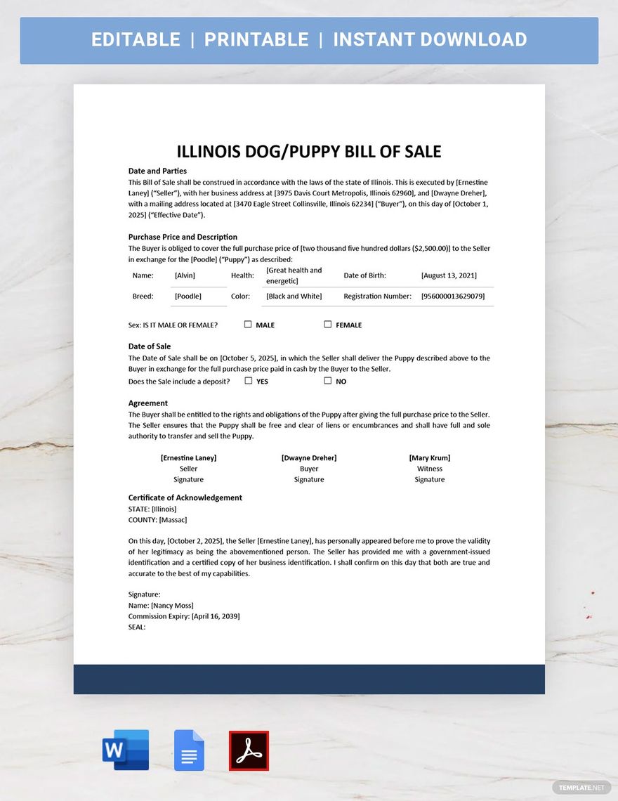 Illinois Dog Puppy Bill Of Sale Template Download In Word Google 