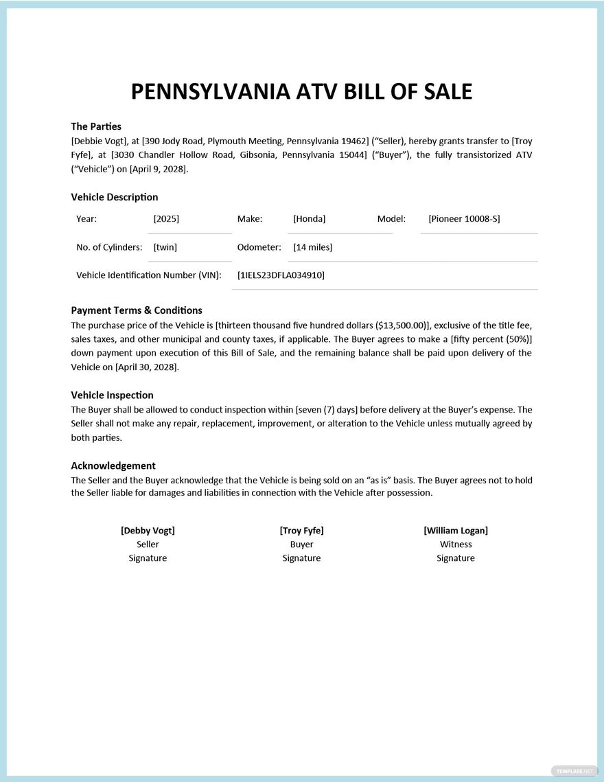 Pennsylvania ATV Bill Of Sale Template Google Docs Word PDF Template