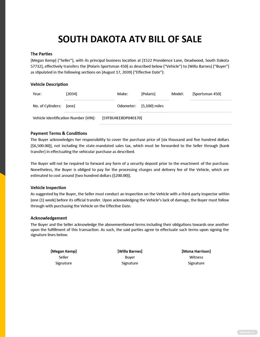 South Dakota ATV Bill Of Sale Template Google Docs Word PDF 