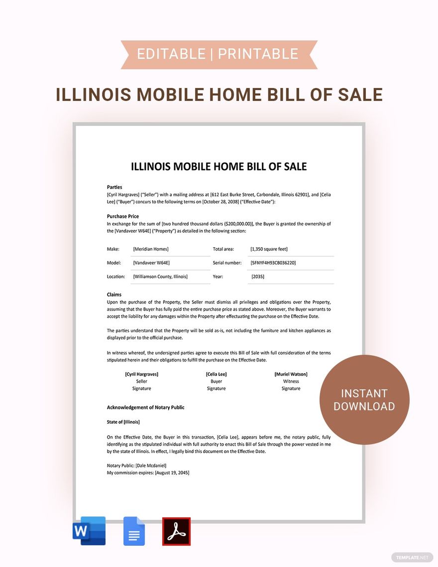 Illinois Mobile Home Bill Of Sale Template Google Docs Word PDF 