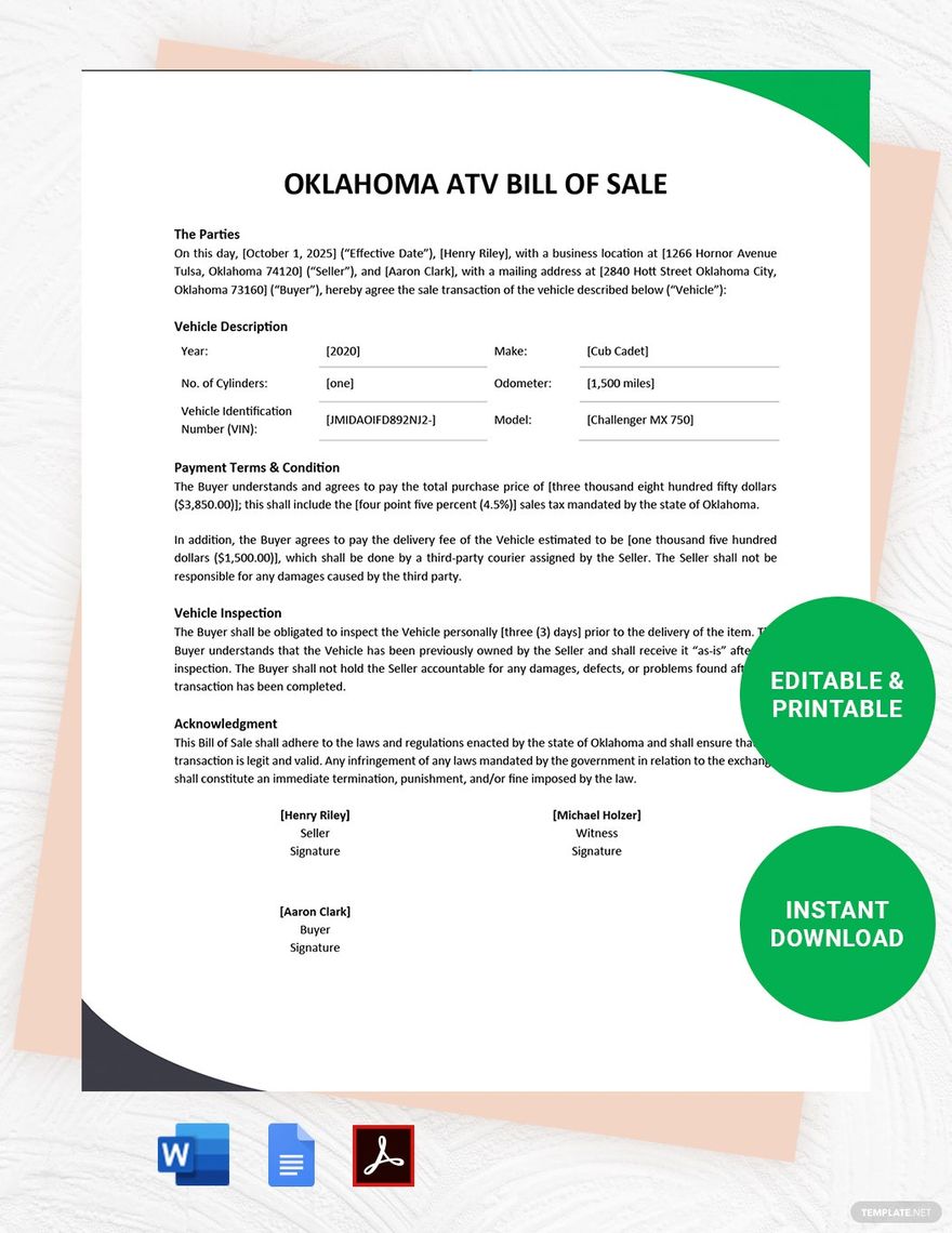 Free Oklahoma ATV Bill Of Sale Form Template Google Docs Word PDF 