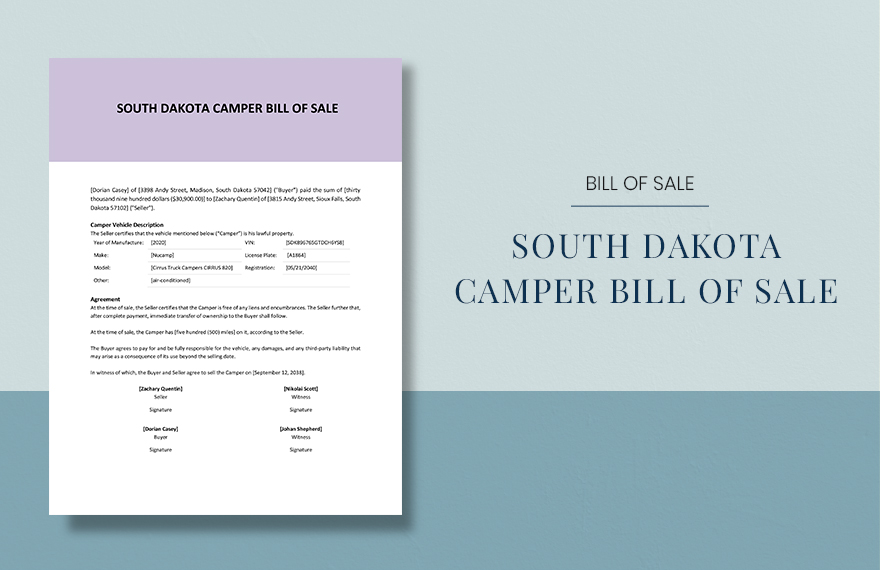 South Dakota Camper Bill Of Sale Template Download In Word Google 
