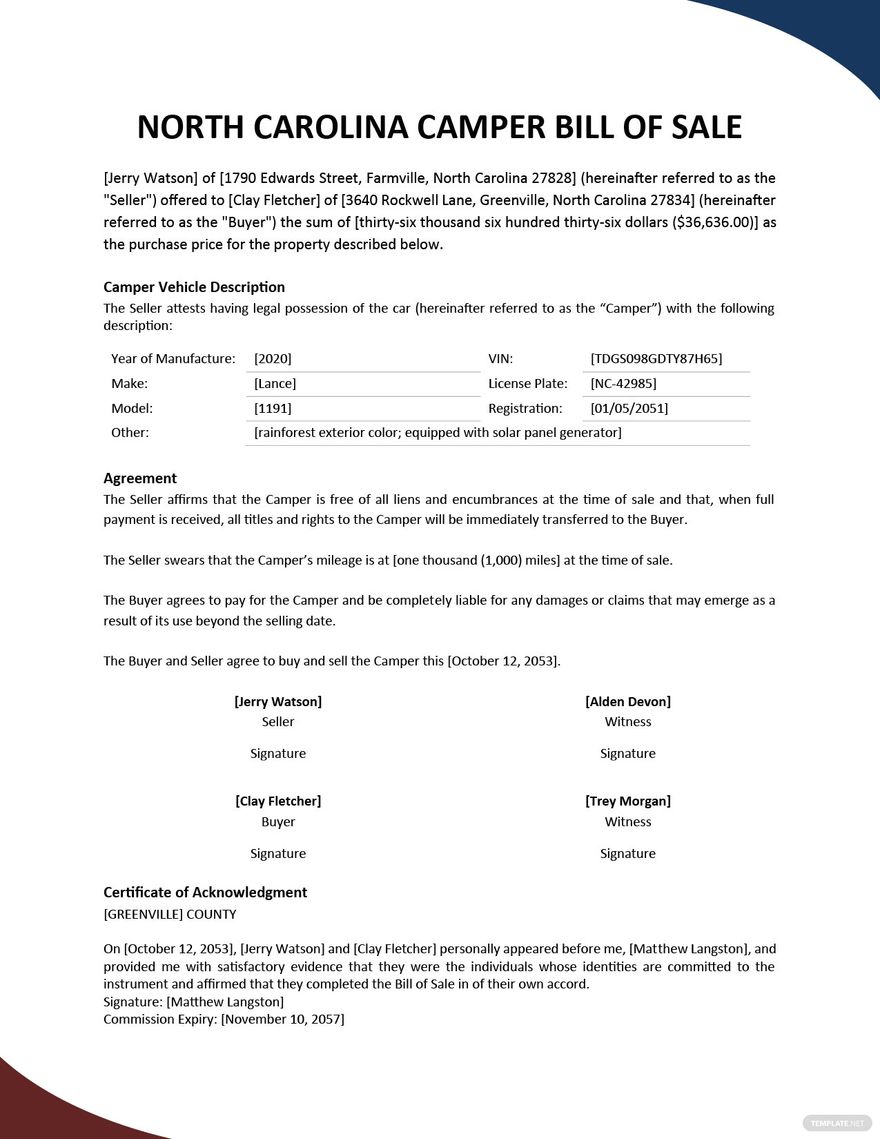 North Carolina Camper Bill Of Sale Template Google Docs Word PDF Template