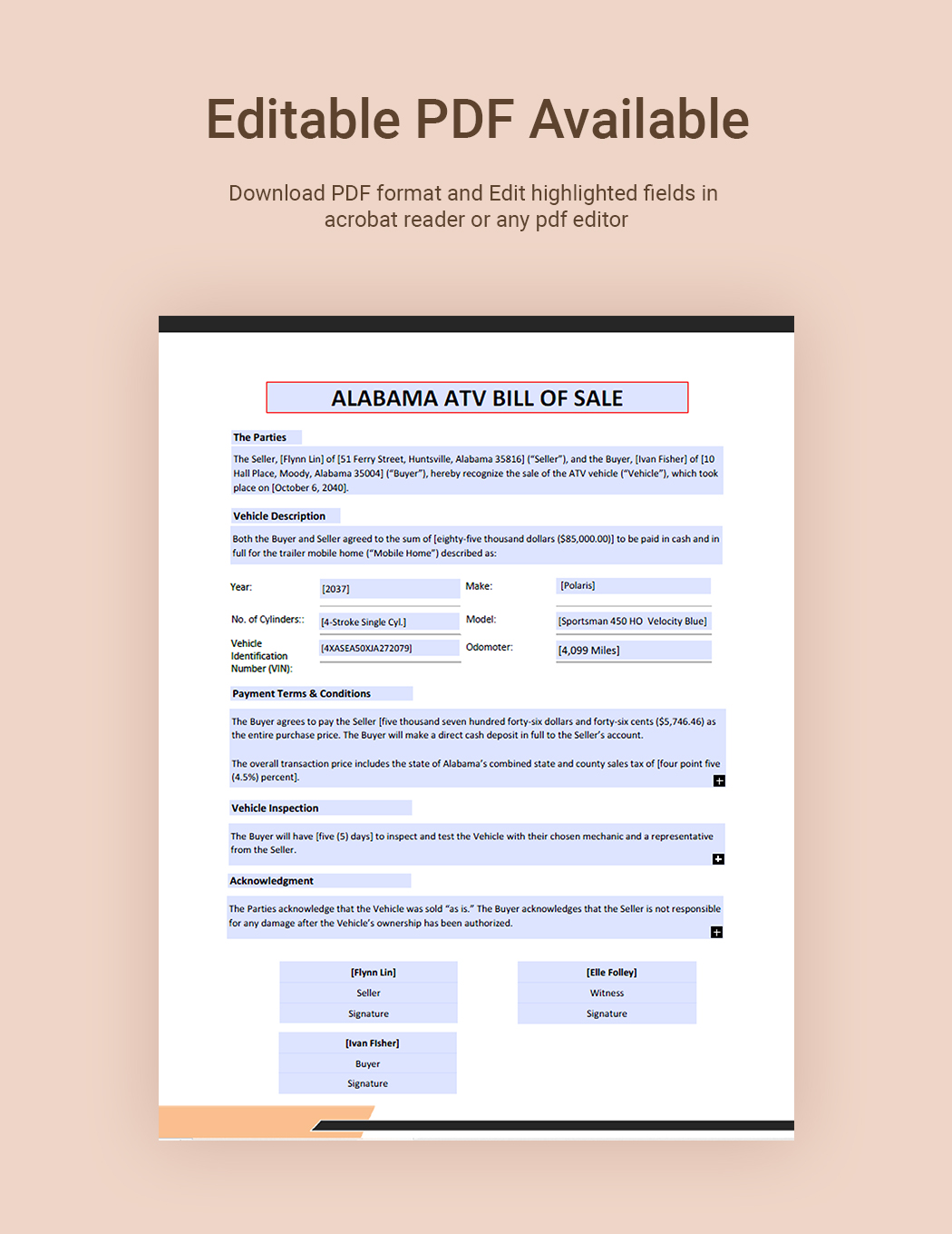 Alabama ATV Bill Of Sale Template Google Docs Word PDF Template