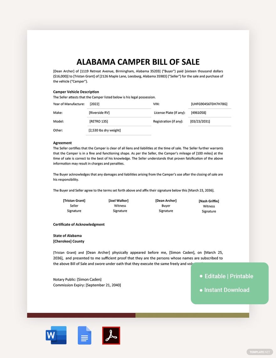 Alabama Camper Bill Of Sale Template Download In Word Google Docs 