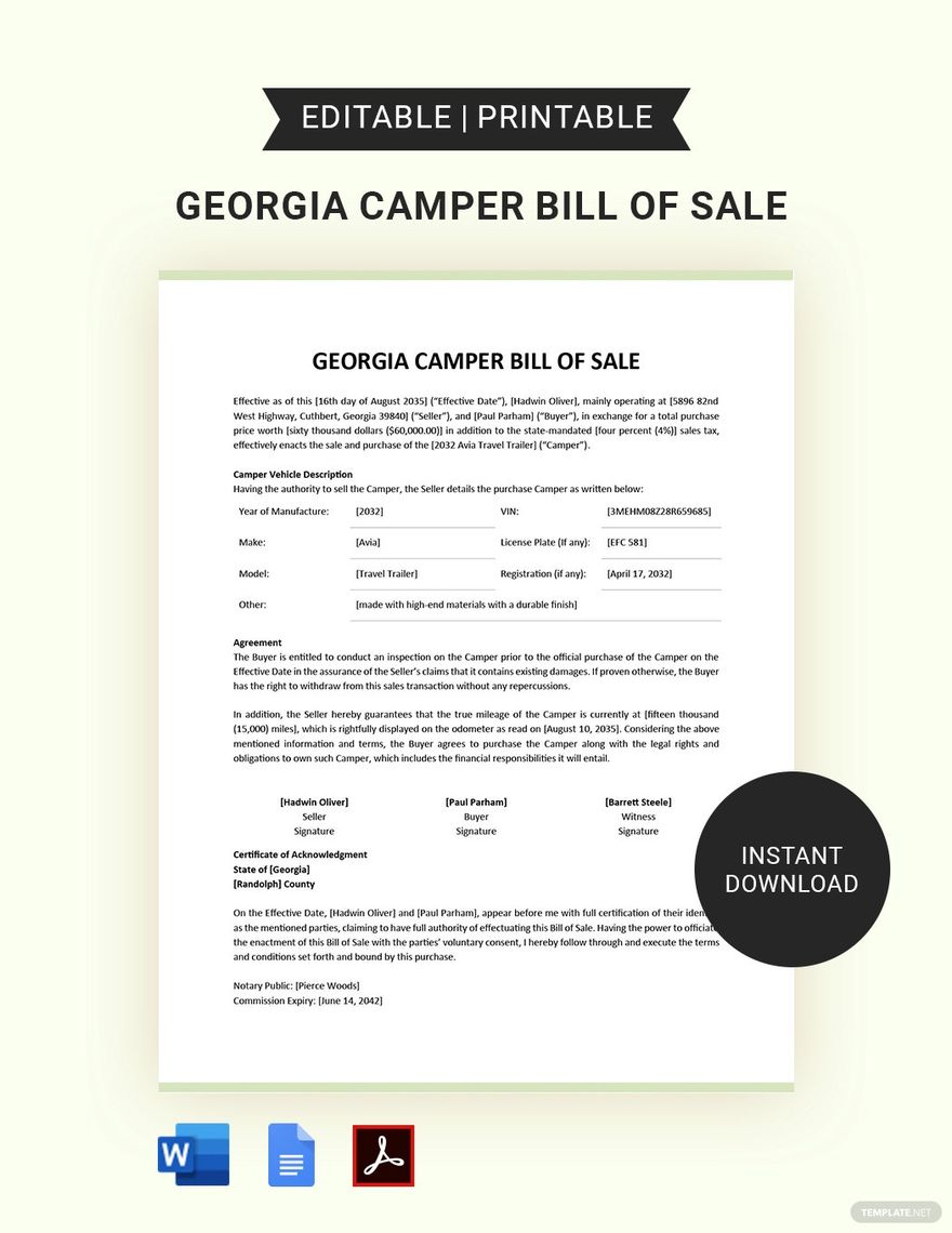 Georgia Camper Bill Of Sale Template Google Docs Word PDF 