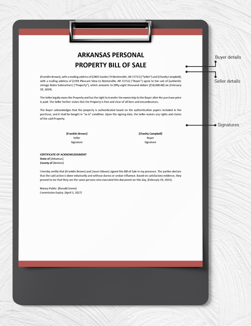 Arkansas Personal Property Bill Of Sale Template Google Docs Word 