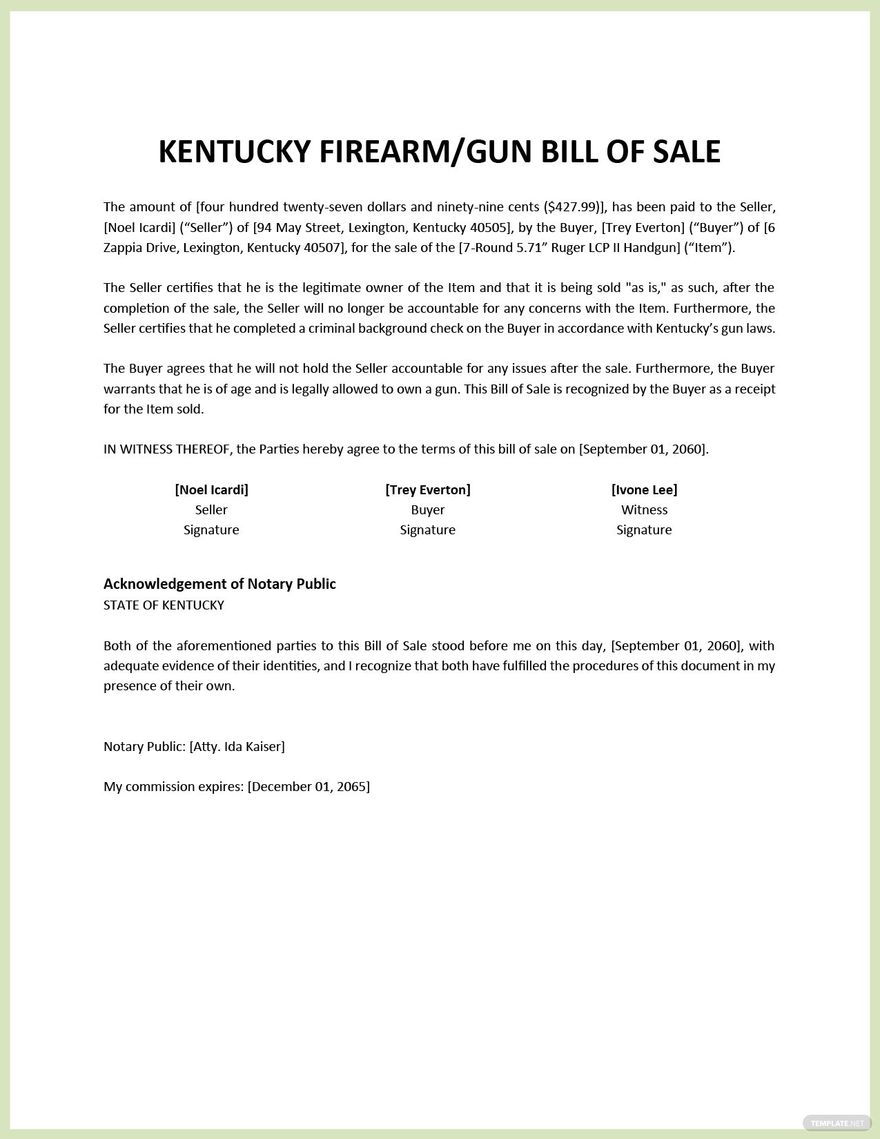 Kentucky Firearm / Gun Bill Of Sale Template - Google Docs, Word, PDF ...
