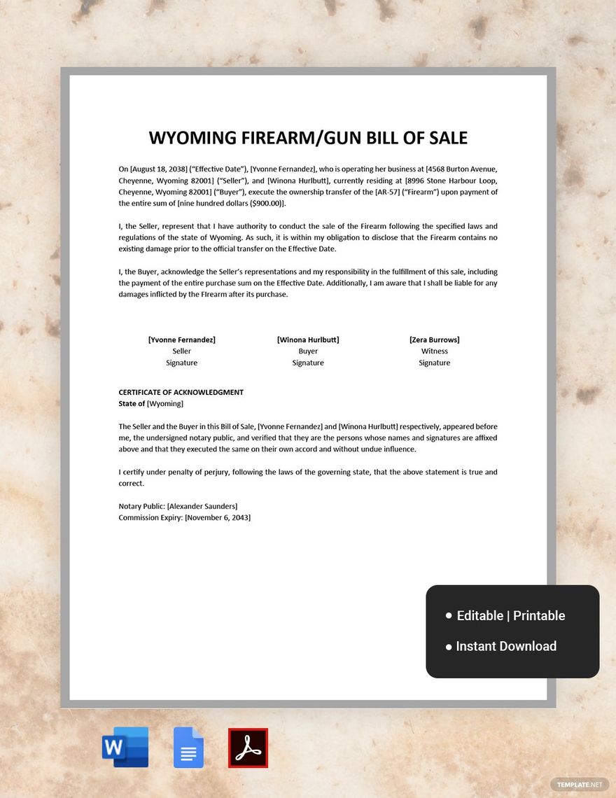 Wyoming Firearm Gun Bill Of Sale Template Download In Word Google 