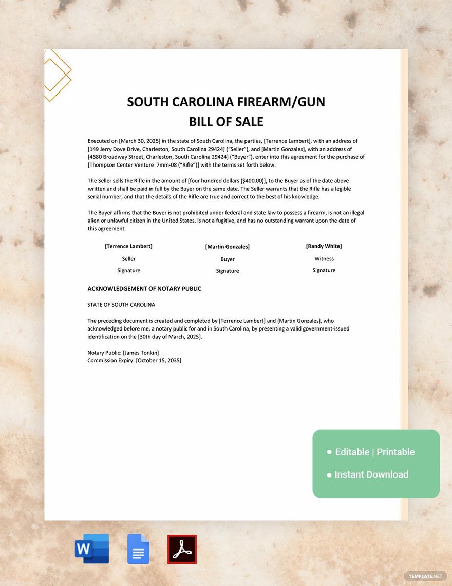 Free Free South Carolina Firearm Gun Bill Of Sale Form Template 