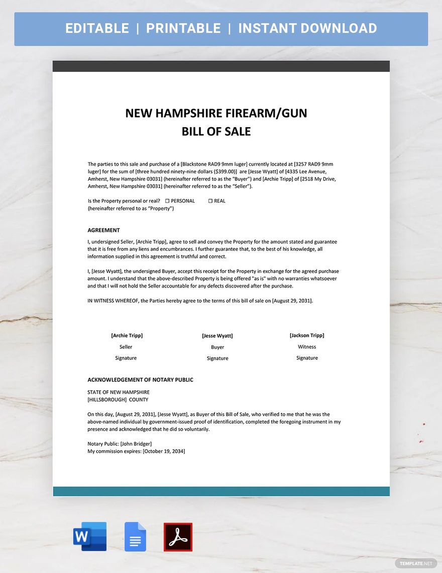 New Hampshire Firearm Gun Bill Of Sale Template Download In Word 